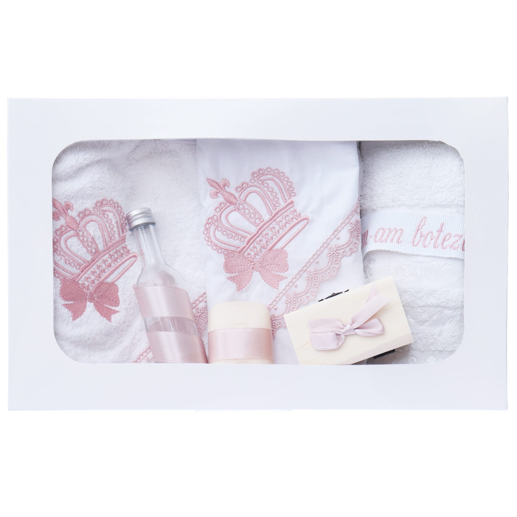 Trusou brodat cu coroana de print pentru botez de fete, 7 piese, roz ...