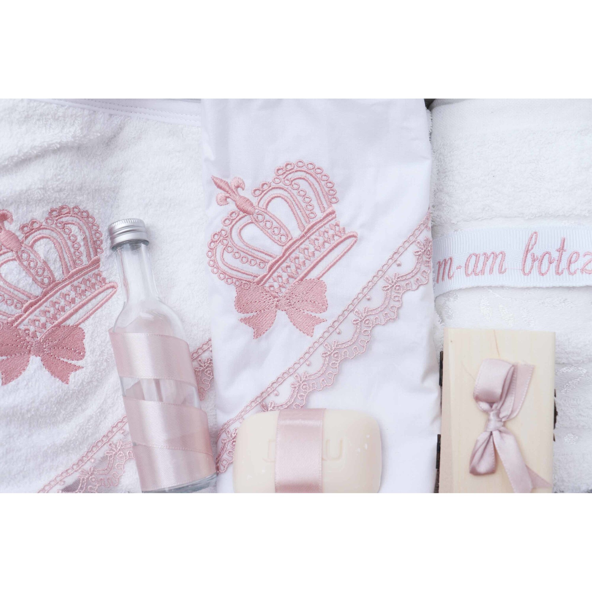 Trusou brodat cu coroana de print pentru botez de fete, 7 piese, roz ...