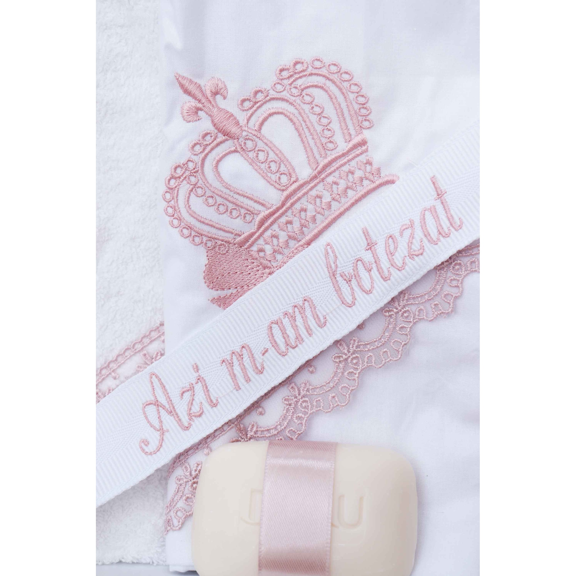 Trusou brodat cu coroana de print pentru botez de fete, 7 piese, roz ...