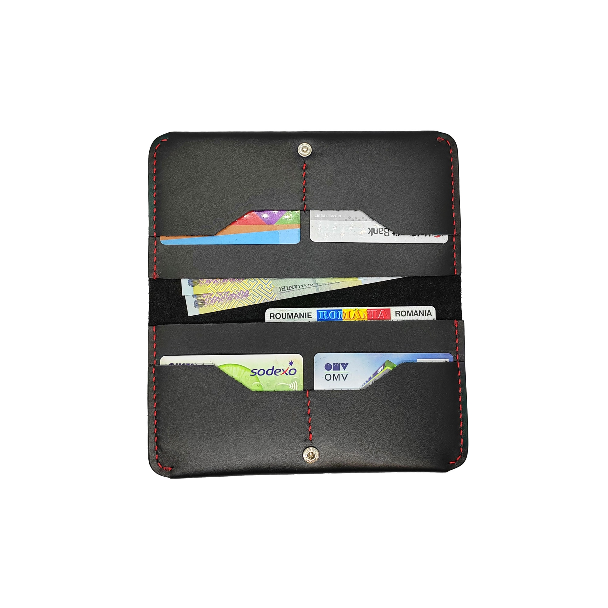 Portofel dama, handmade din piele naturala, neagra cu ata rosie - eMAG.ro