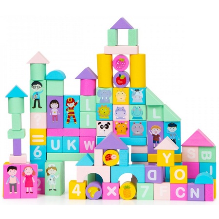 Set 100 de cuburi educative din lemn natural pentru copii, SOLTOY ...