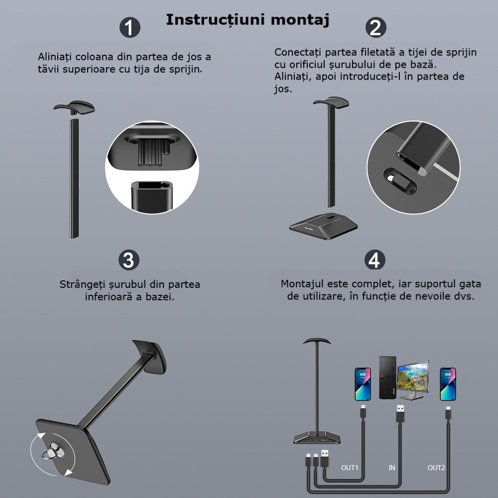 Stand pentru casti cu iluminare RGB, transfer date si incarcare, port ...