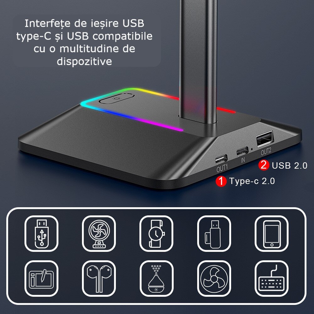 Stand pentru casti cu iluminare RGB, transfer date si incarcare, port ...