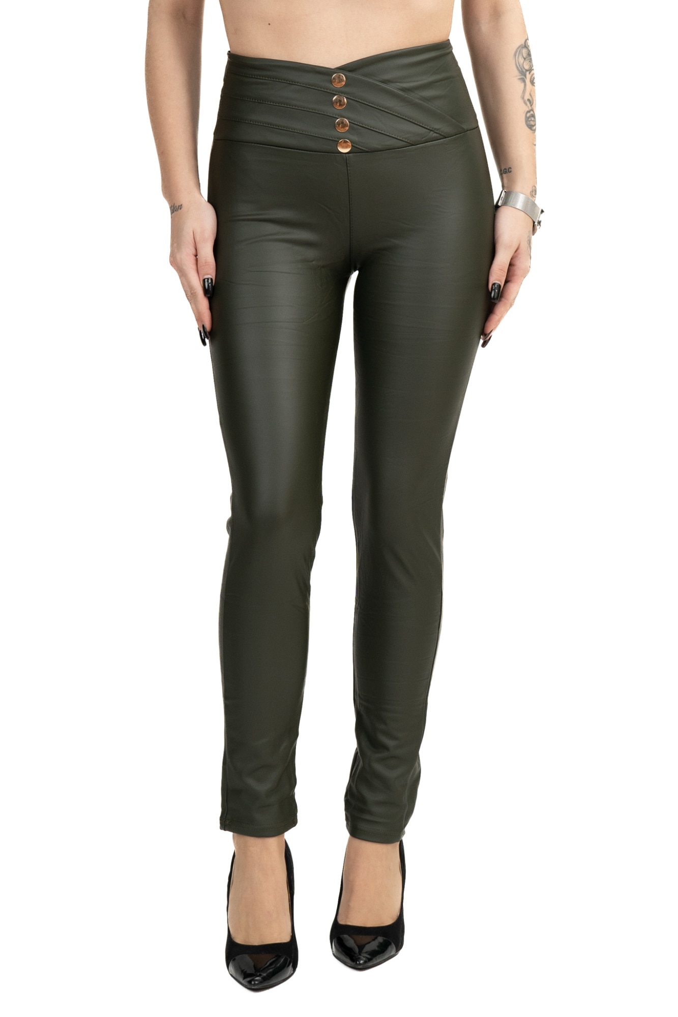 Pantaloni Dama Din Piele Ecologica Kaki Vatuiti, New Quinn - eMAG.ro