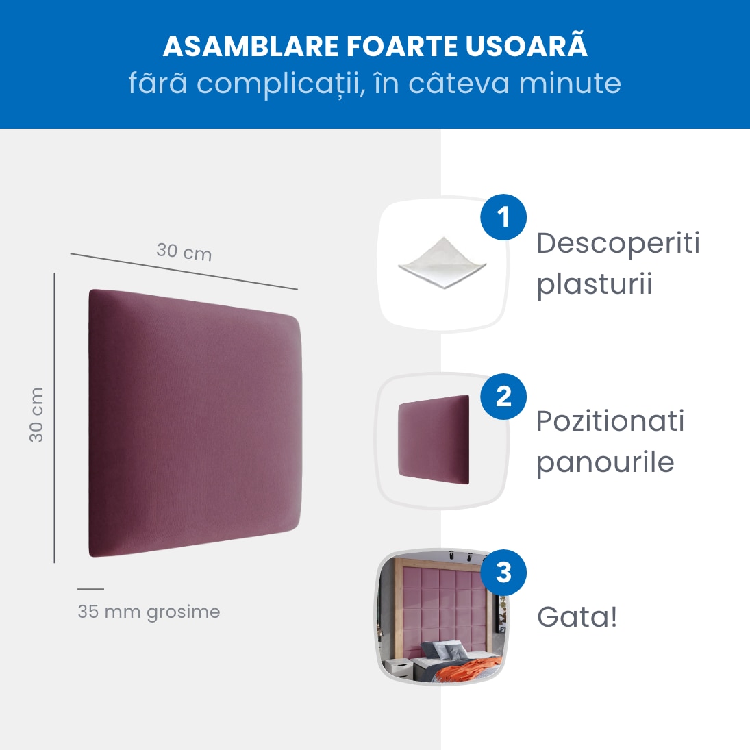 Panou 3D tapitat RomDeko, decorativ si izolator, autoadeziv, Marime ...