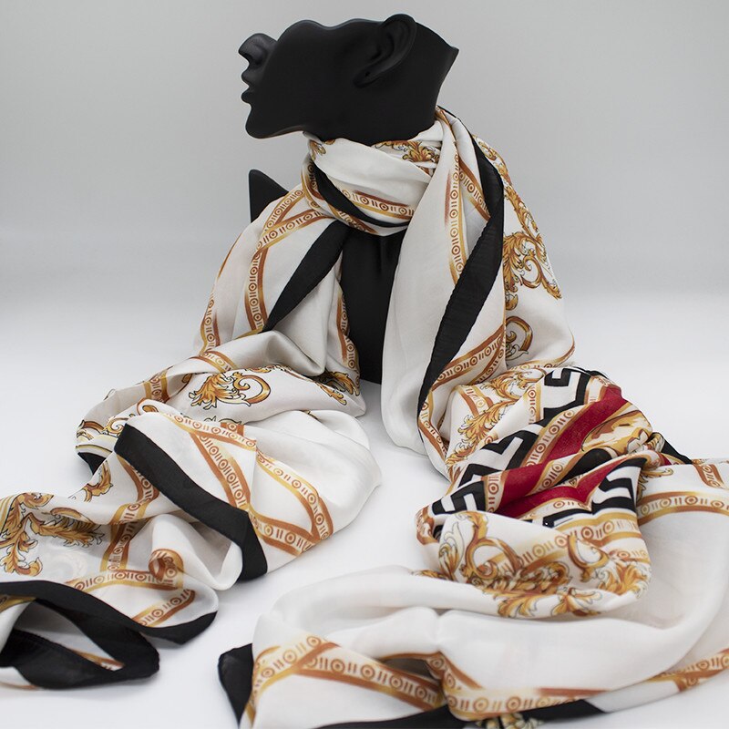 Esarfa de dama, din matase satinata, in cutie cadou, White maze, 192x90 ...