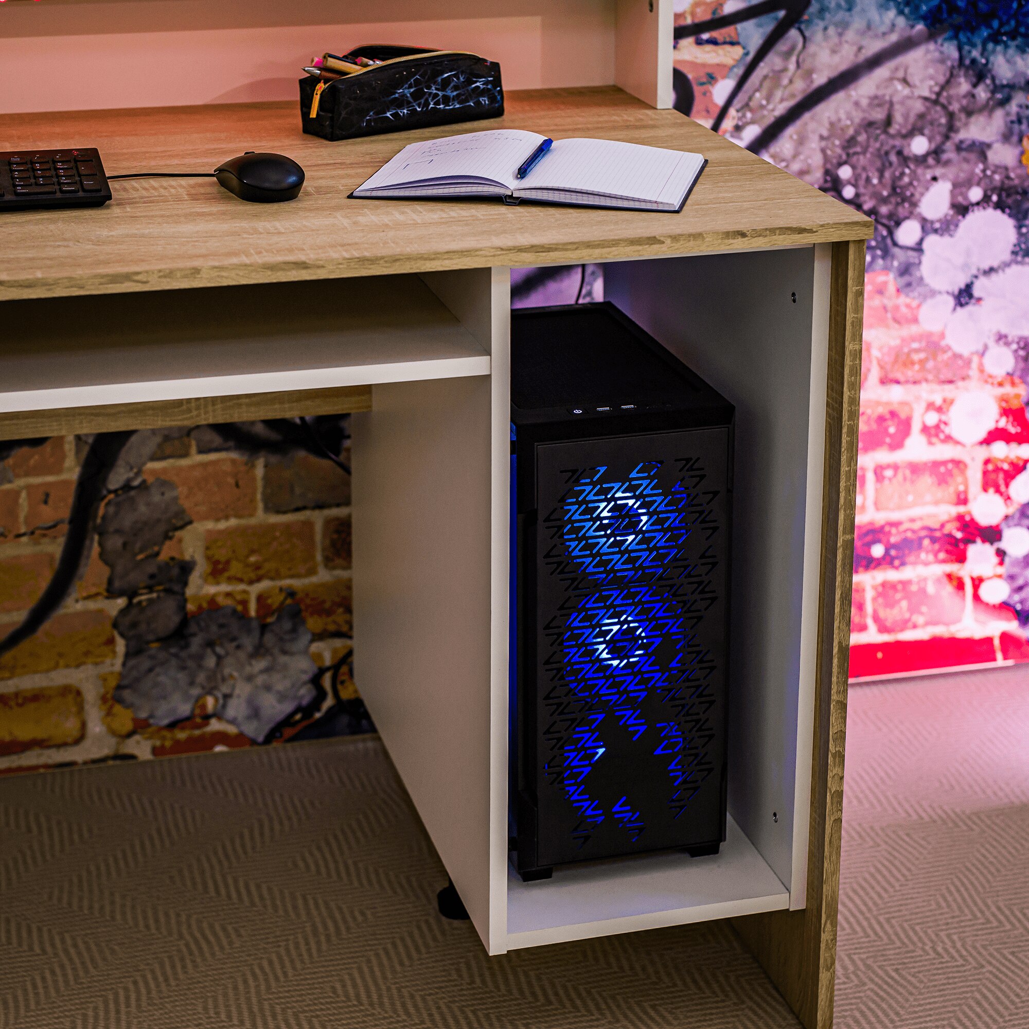 Birou pentru gaming, suport monitor si unitate desktop Pc, stejar ...
