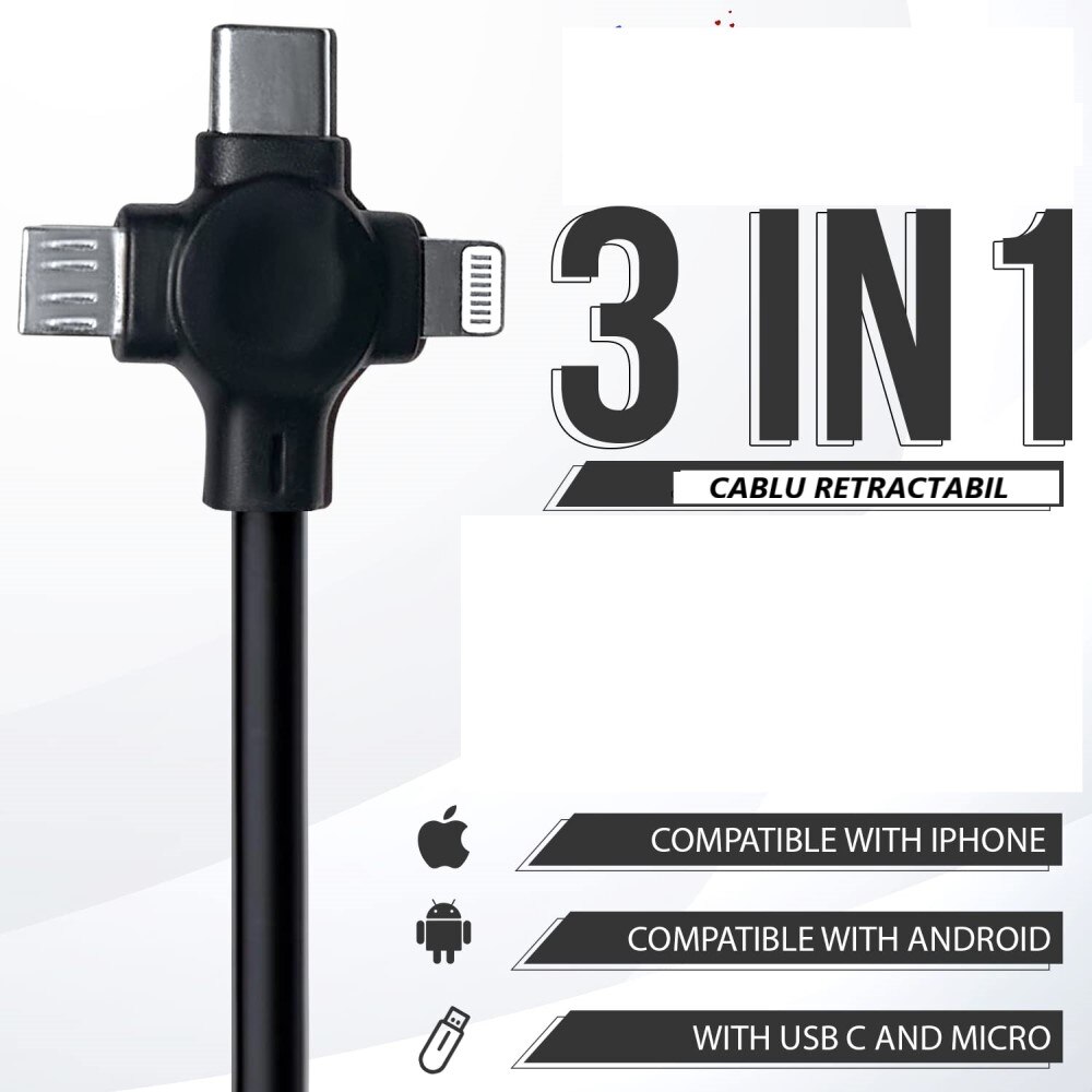 Cablu de date 3n1, Retractabil, USB-C/USB/Lightning/MicroUSB, 2.4 A, 1 ...