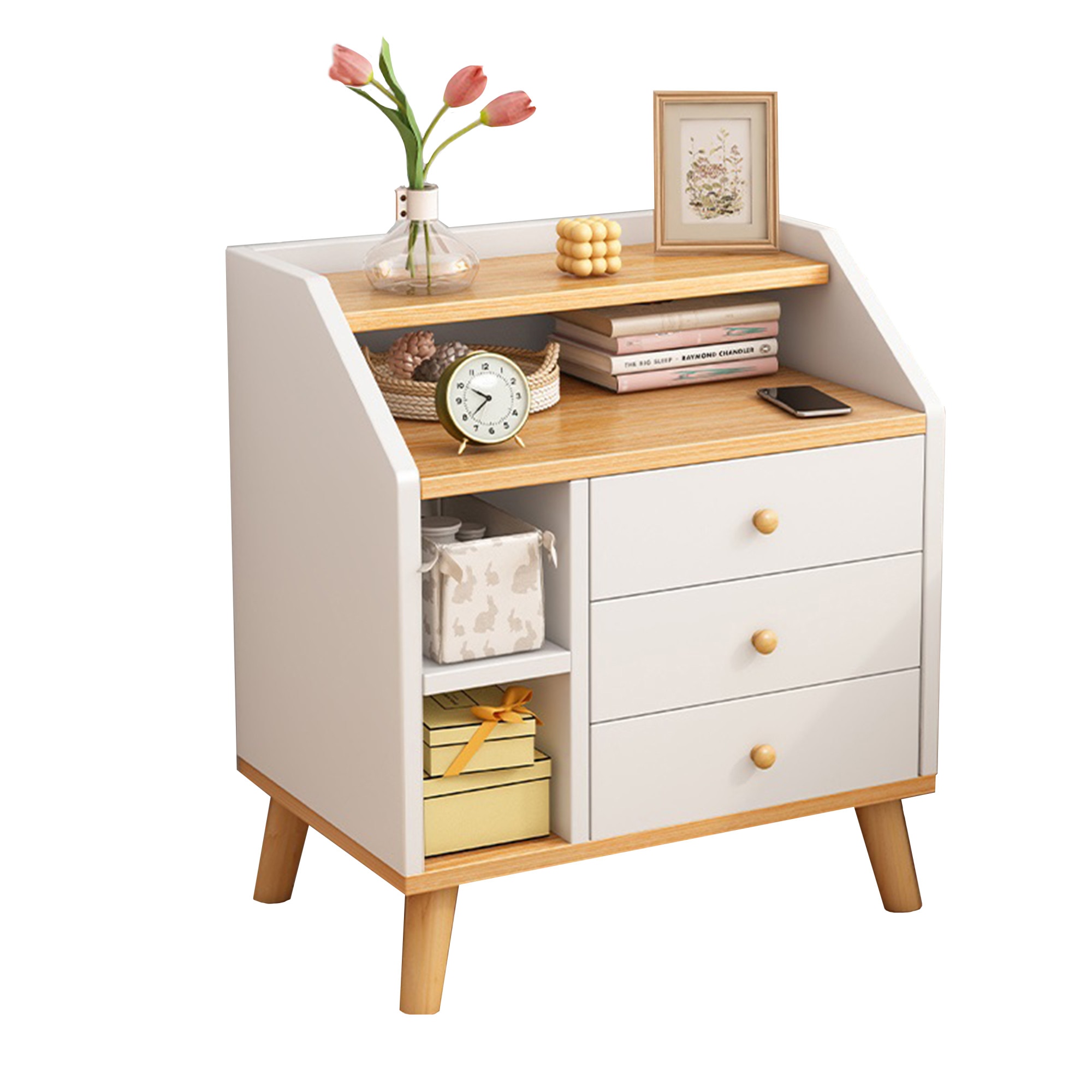 Noptiera cu 3 sertare, polite si picioare, alb / culoarea lemnului, 50 ...