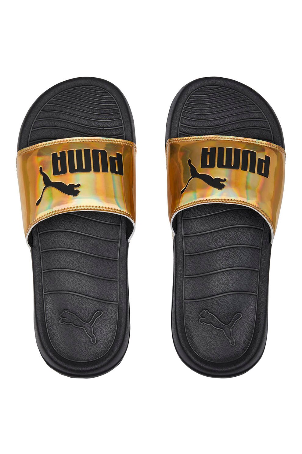 Puma, Papuci cu imprimeu logo si aspect metalic Popcat 20, Auriu, Negru ...