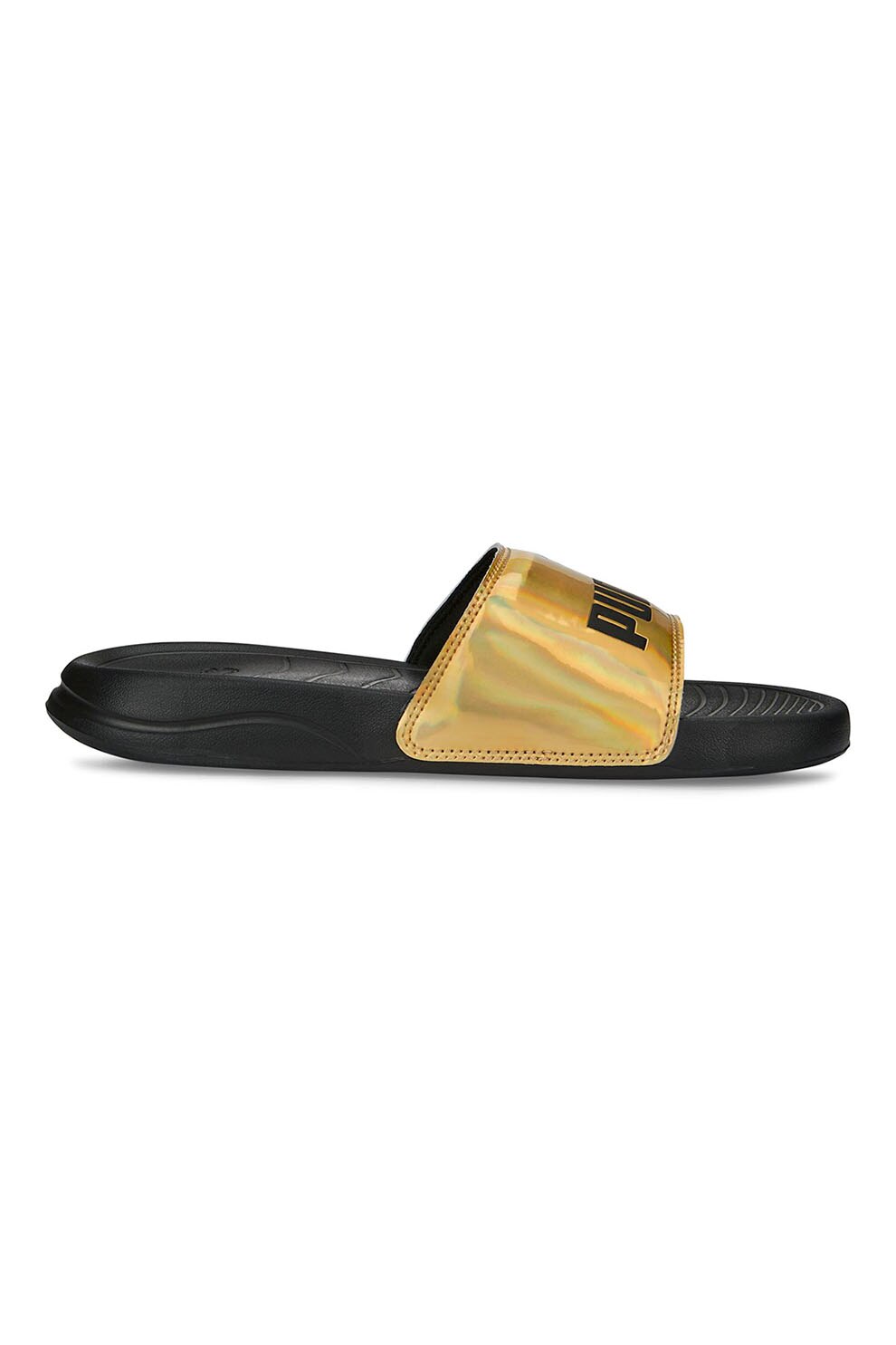Puma, Papuci cu imprimeu logo si aspect metalic Popcat 20, Auriu, Negru ...
