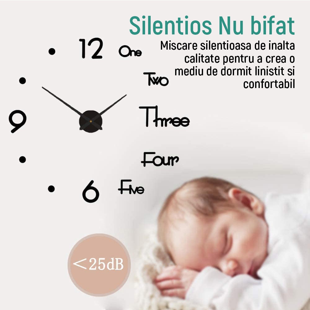 Ceas adeziv pentru perete, Vaxiuja, DIY, 40 cm, Ultra silentios, Negru ...