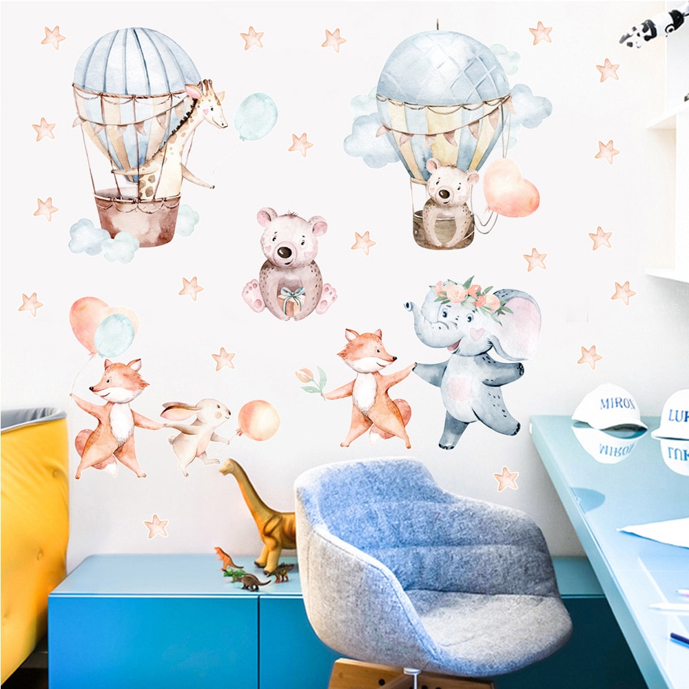 Sticker decorativ perete copii, Vaxiuja, balon cu aer cald cu animale ...