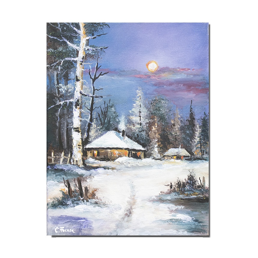 Tablou pictat manual Artnova, Peisaj de iarna, pictura 40x30cm ulei pe ...
