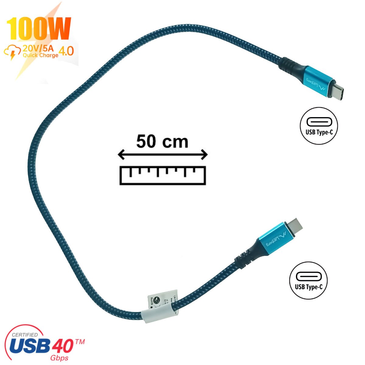 Cablu premium USB tip C v.4.0, tata-tata, 0.5m, Lanberg 43673, PD 100W ...