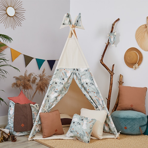 Cort copii Teepee, Fun with Mum, Cu covoras si perne, Bumbac/Poliester ...