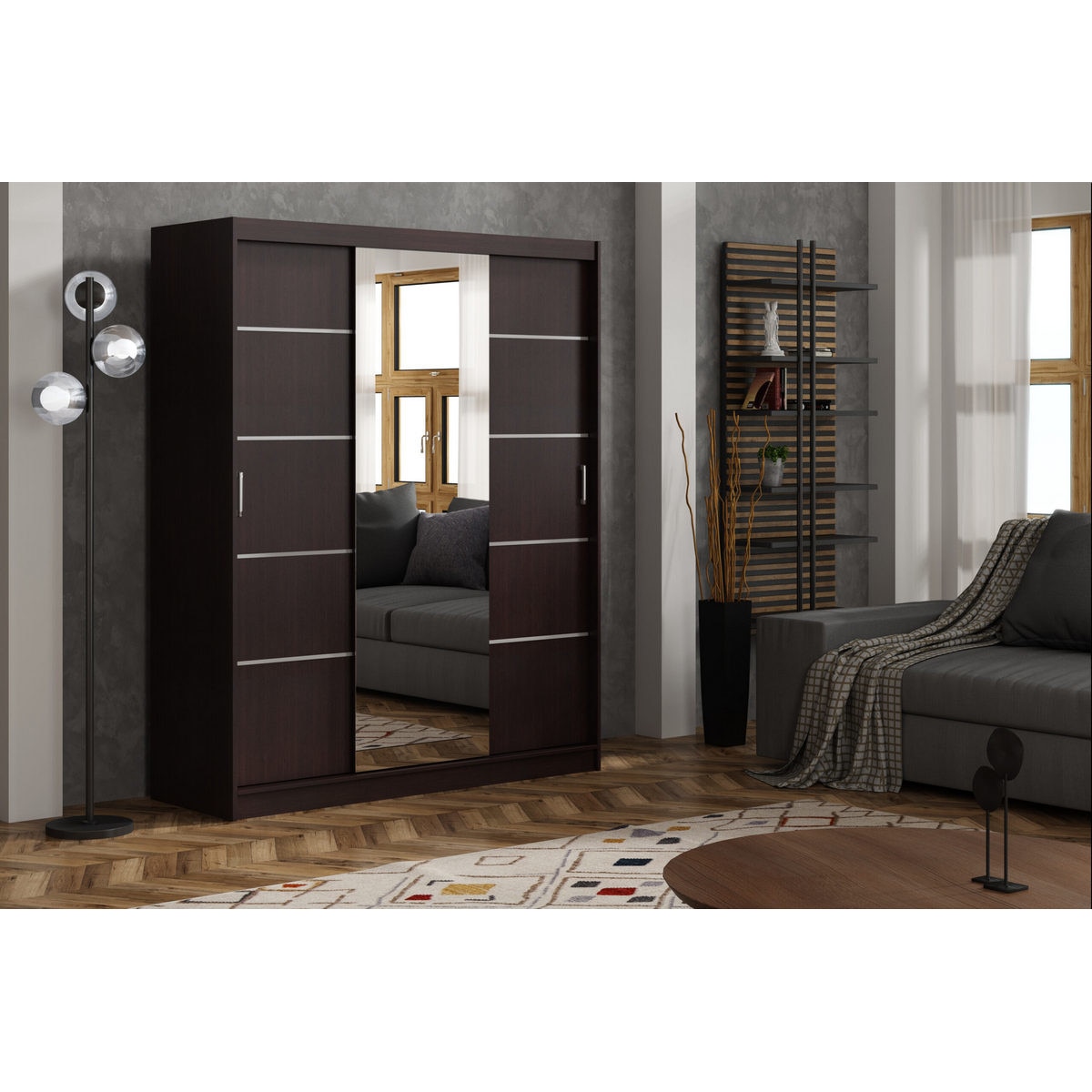 Dulap cu 3 usi glisante si oglinda, 10 rafturi si 2 bare pentru umerase ...