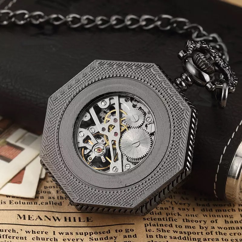 Ceas de buzunar MBrands, skeleton, Mecanic, cu lant, stil Vintage ...