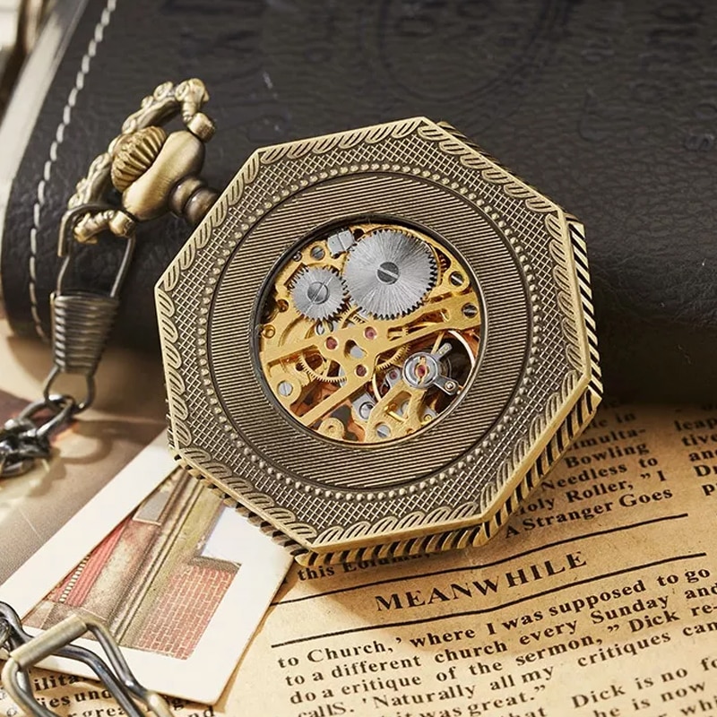 Ceas de buzunar MBrands, skeleton, Mecanic, cu lant, stil Vintage ...