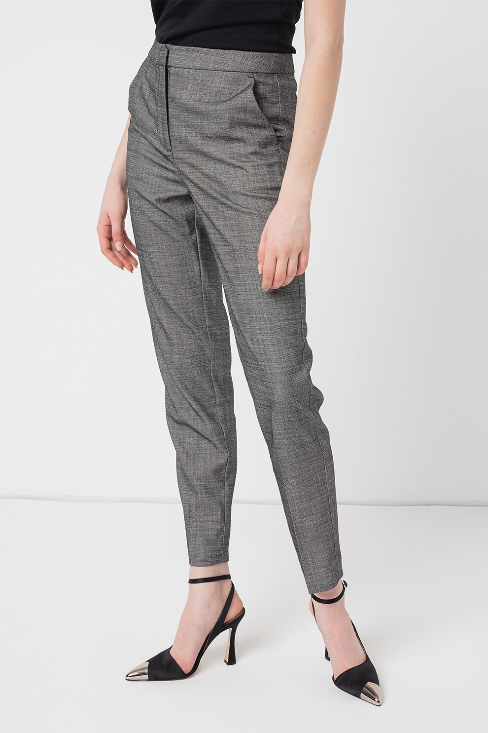 Stefanel, Pantaloni chino cu talie inalta, Gri inchis melange, 46 - eMAG.ro