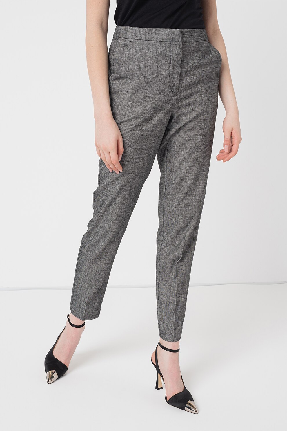 Stefanel, Pantaloni chino cu talie inalta, Gri inchis melange, 46 - eMAG.ro