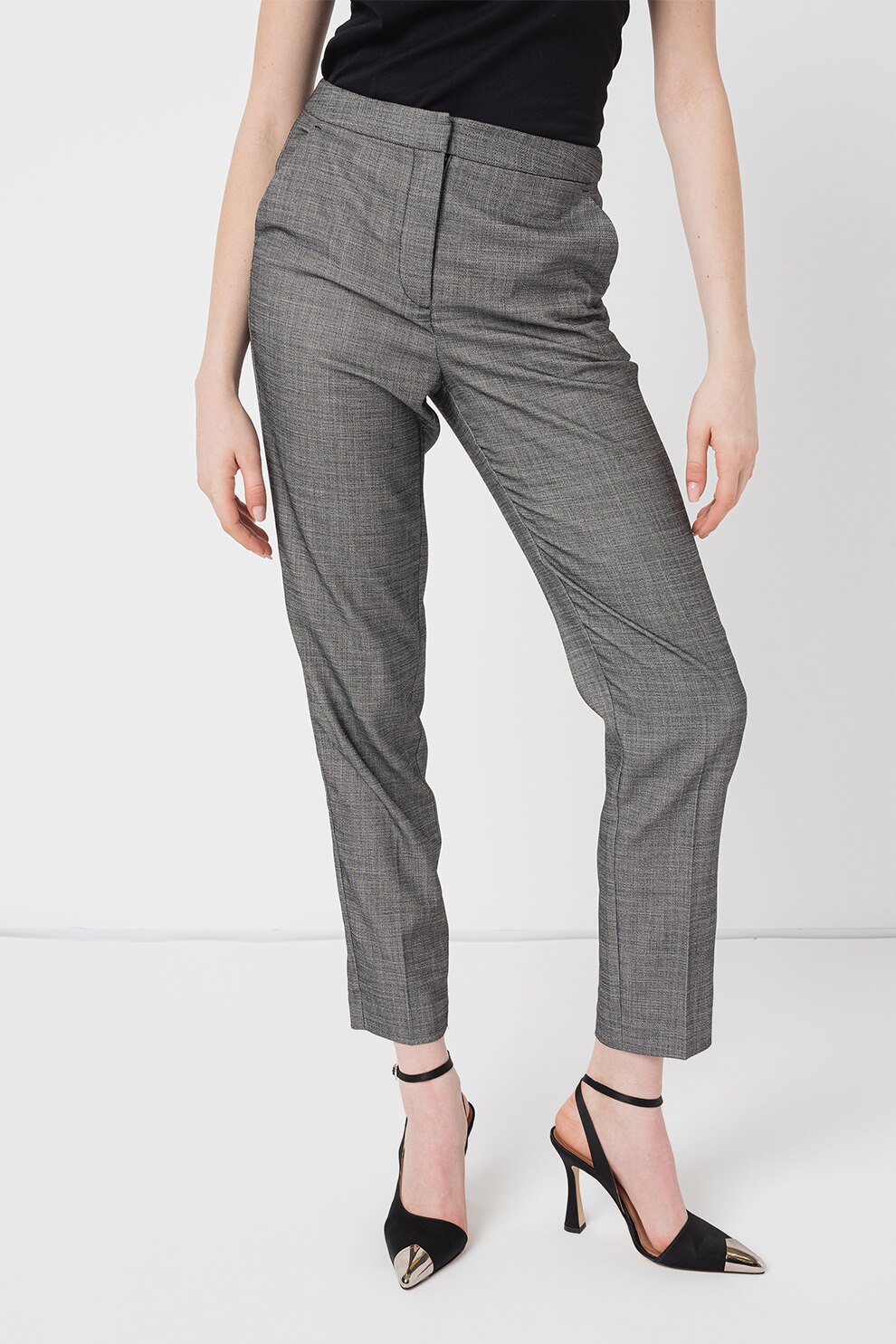 Stefanel, Pantaloni chino cu talie inalta, Gri inchis melange, 46 - eMAG.ro