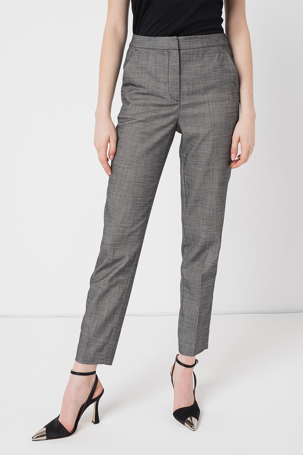 Stefanel, Pantaloni chino cu talie inalta, Gri inchis melange, 46 - eMAG.ro