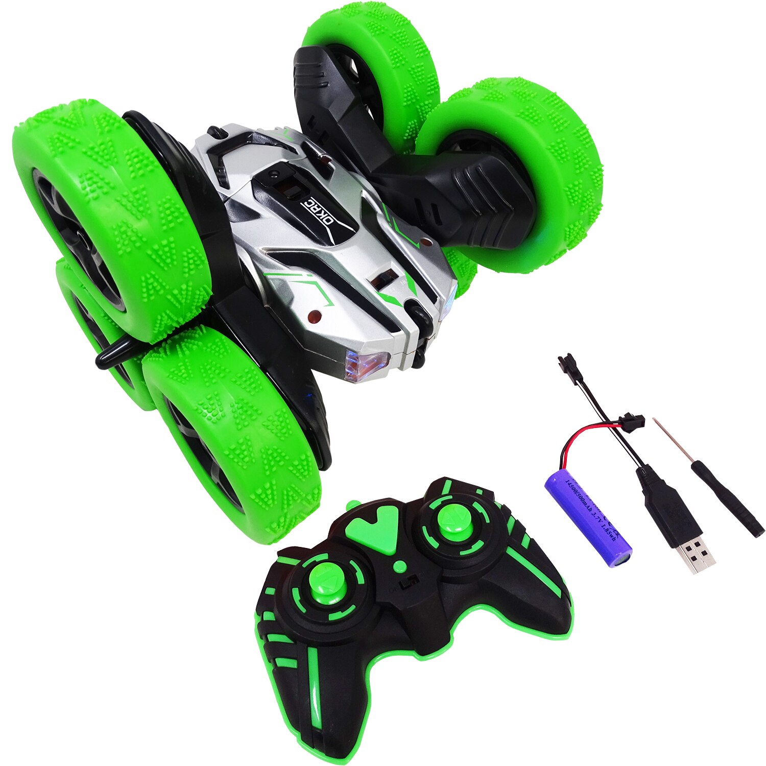 Masina Verde/Argintie cu 6 roti, Telecomanda, Faruri luminoase si ...