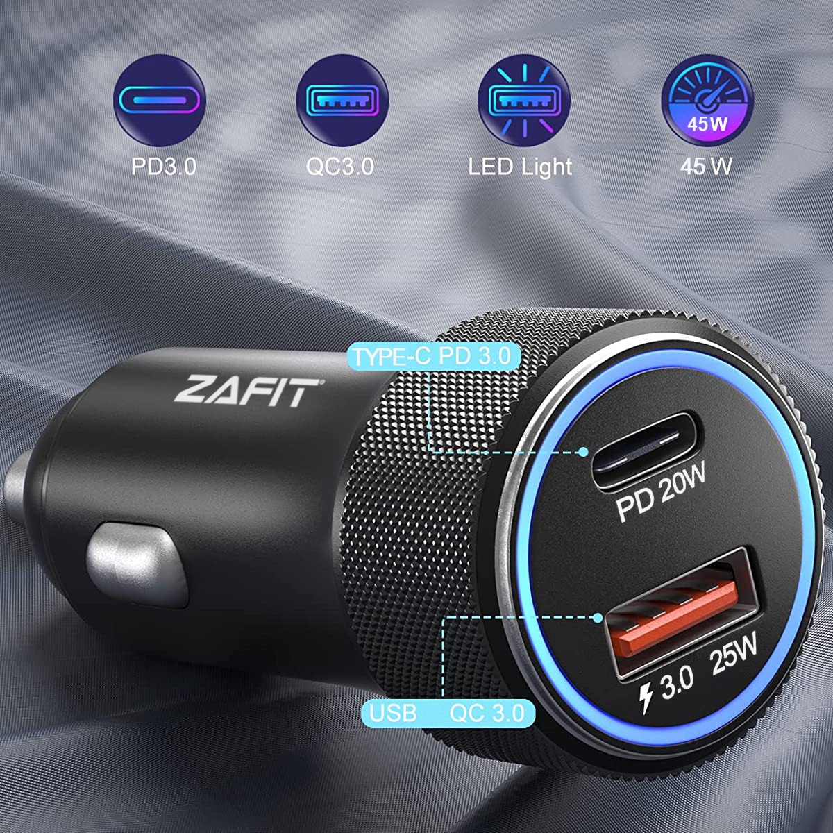 Incarcator auto ZAFIT™, 45W Super Fast charge, 1 x Tip C, 1 x USB 3.0 ...