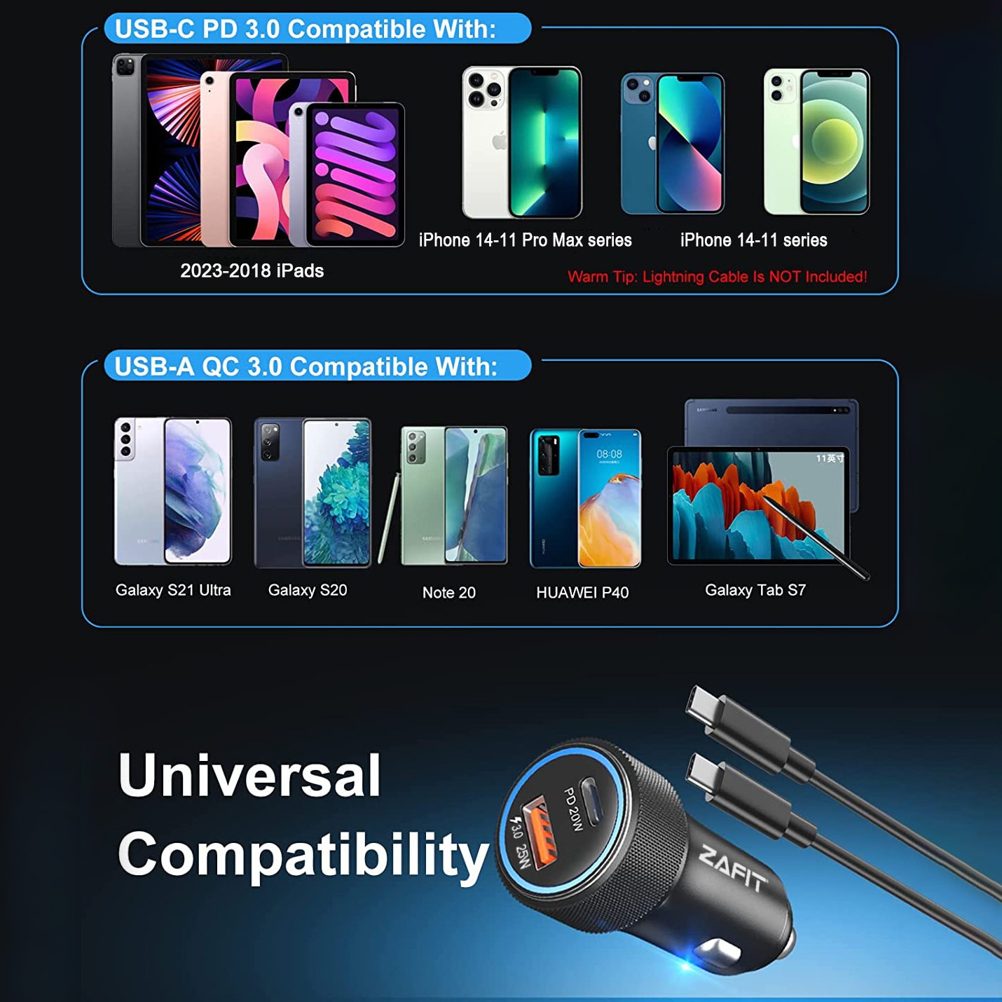 Incarcator auto ZAFIT™ cu cablu Tip C, 45W Super Fast charge, 1 port x Tip C, 1 port x USB 3.0 ...