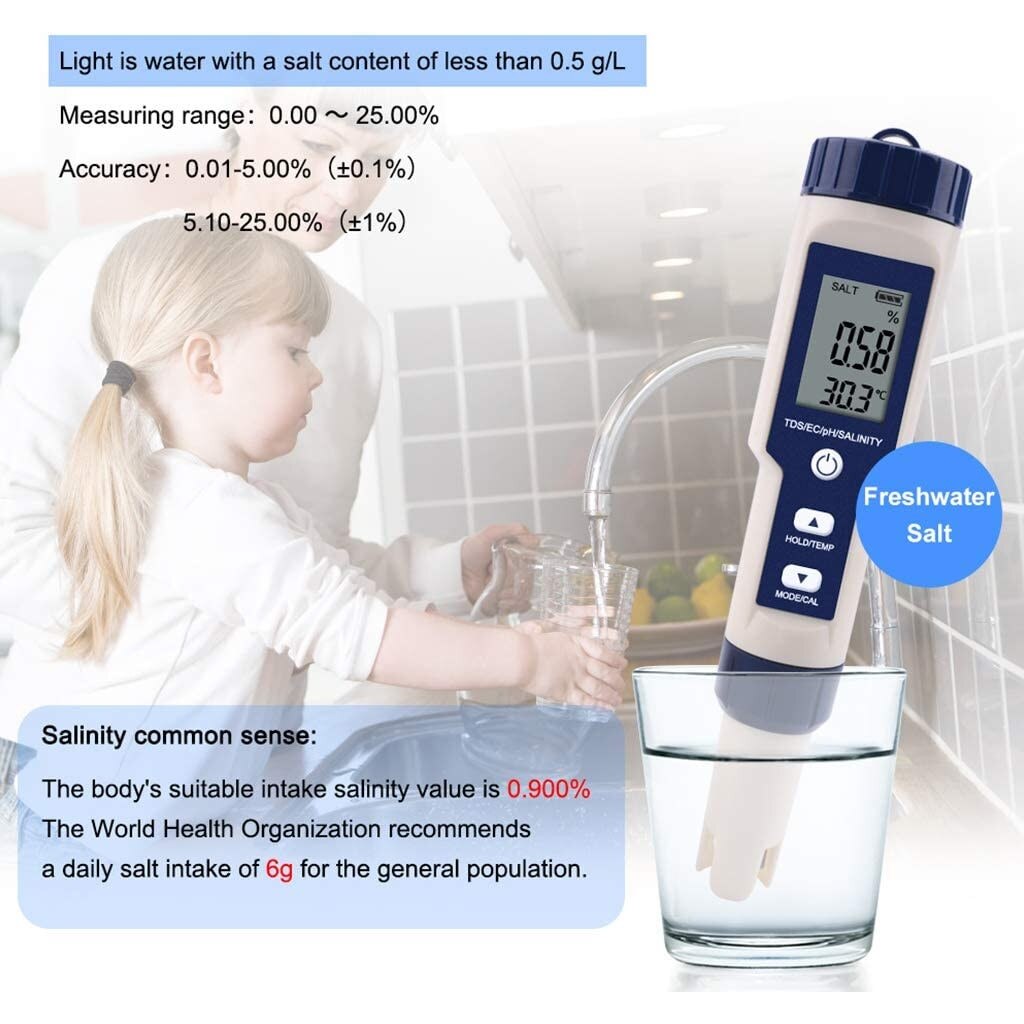 Tester de apa 5 in 1, testeaza PH, TDS, Temperatura, EC si Salinitatea ...