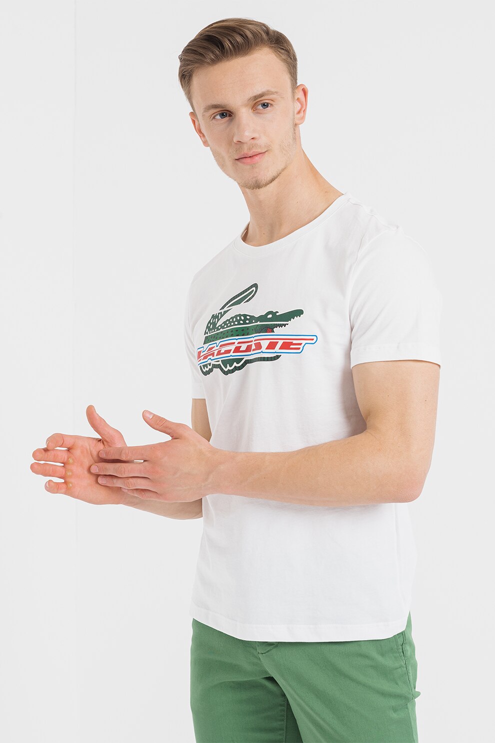 Lacoste, Tricou cu decolteu la baza gatului si logo, Rosu, Alb, Verde ...