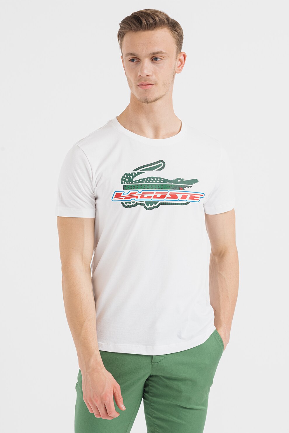 Lacoste, Tricou cu decolteu la baza gatului si logo, Rosu, Alb, Verde ...