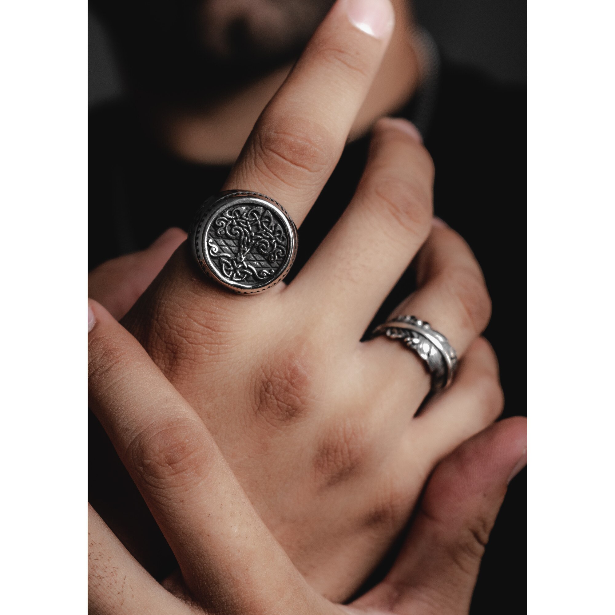 Inel Viking Tree of life argintiu handmade marime reglabila Dual Stax ...