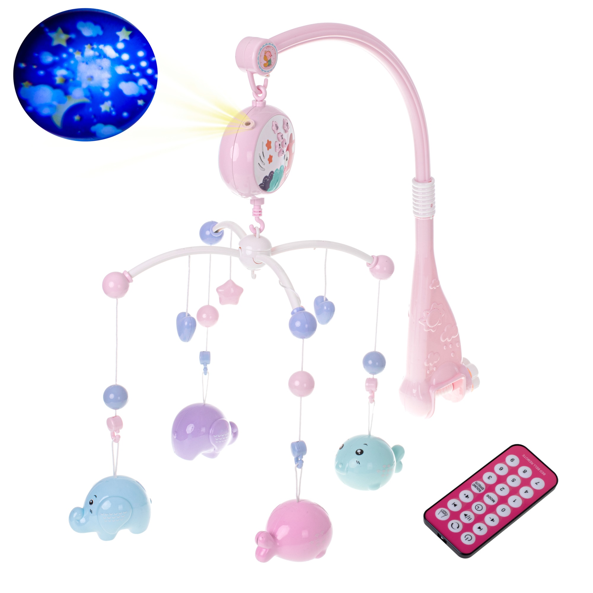 Carusel patut, Plastic, Cu telecomanda, Proiector stele, Roz - eMAG.ro