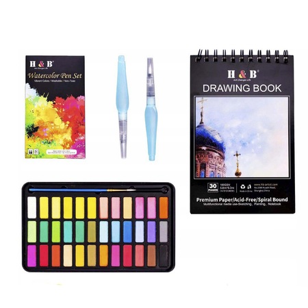 Akvarell festékkészlet, H&B, tömbben, 40 az 1-ben, Vizes ecset - eMAG.hu