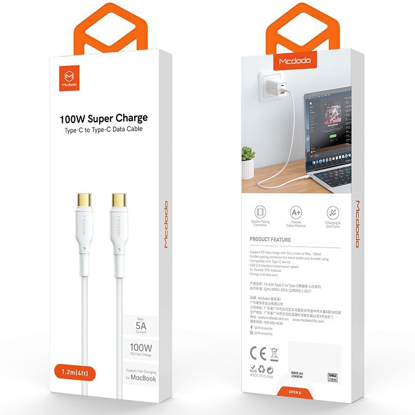 Cablu de date Mcdodo White Series, Type-C la Type-C, White (5A, 1.2m, 100W, PD) - eMAG.ro