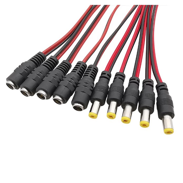 Set 5 cabluri conector alimentare, 5.5x2.1 mm, Negru/Rosu - eMAG.ro