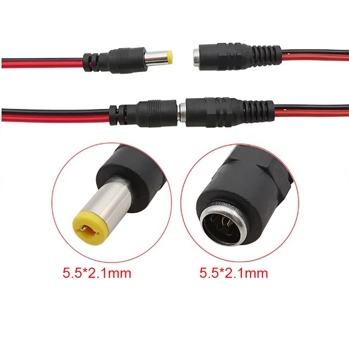 Set 5 cabluri conector alimentare, 5.5x2.1 mm, Negru/Rosu - eMAG.ro