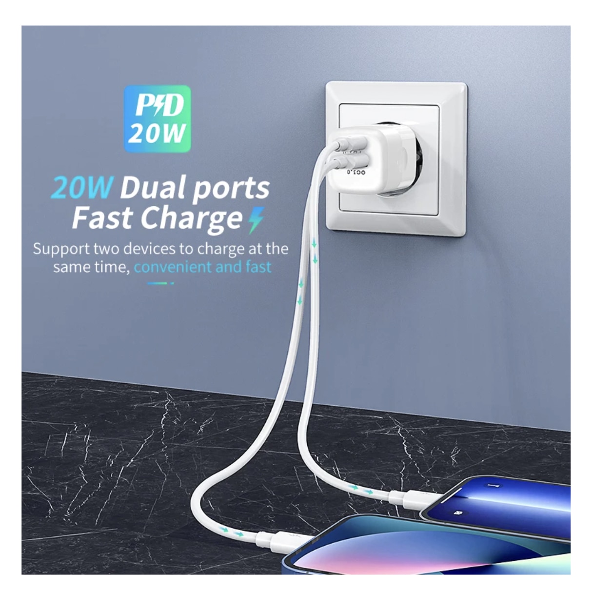 Set 4 buc, 1 incarcator 20W PD Type-C, USB QC, 1 Adaptor auto 20W PD Type-C, USB QC, pentru ...