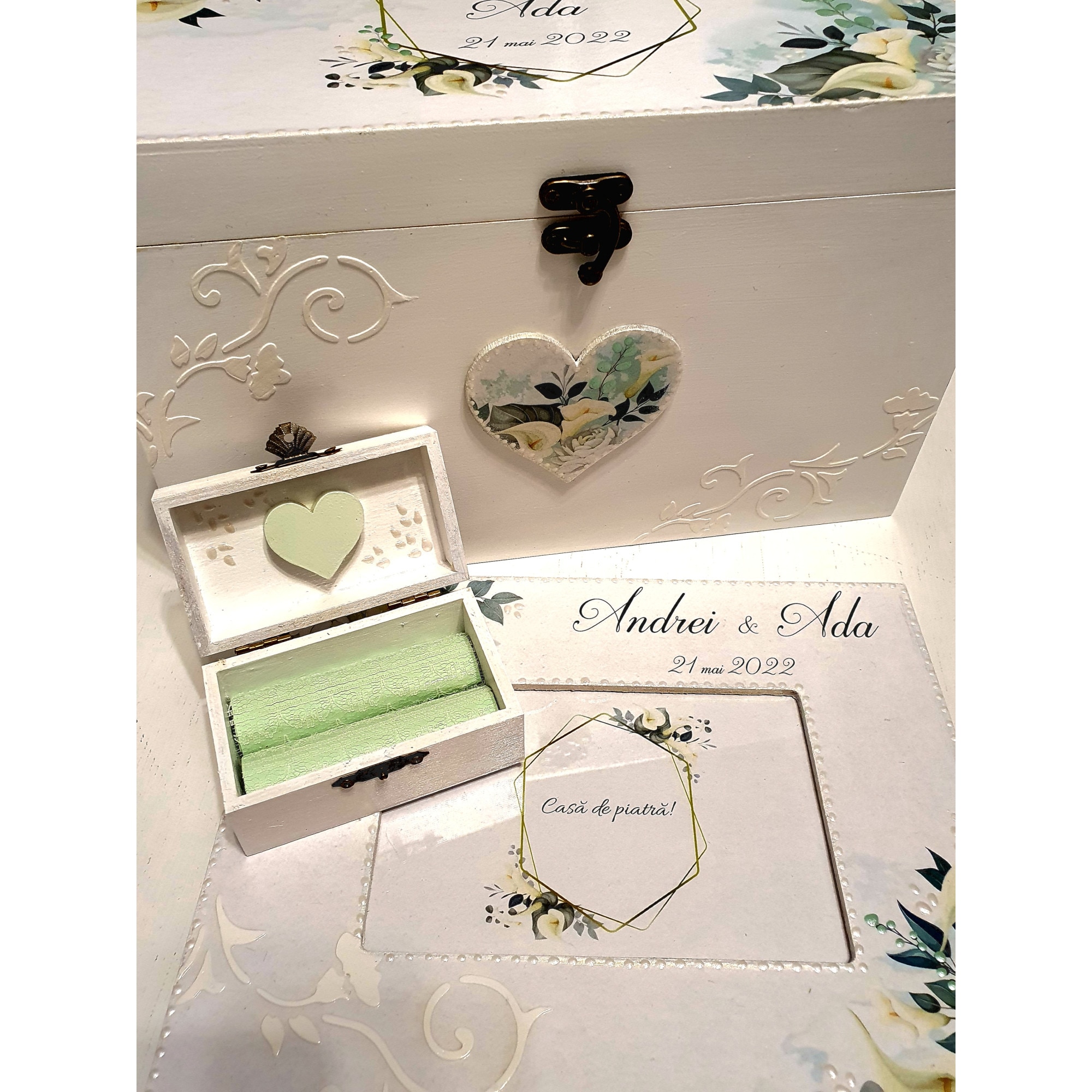 Set personalizat nunta, trusou mireasa, handmade, format din cufar lemn ...