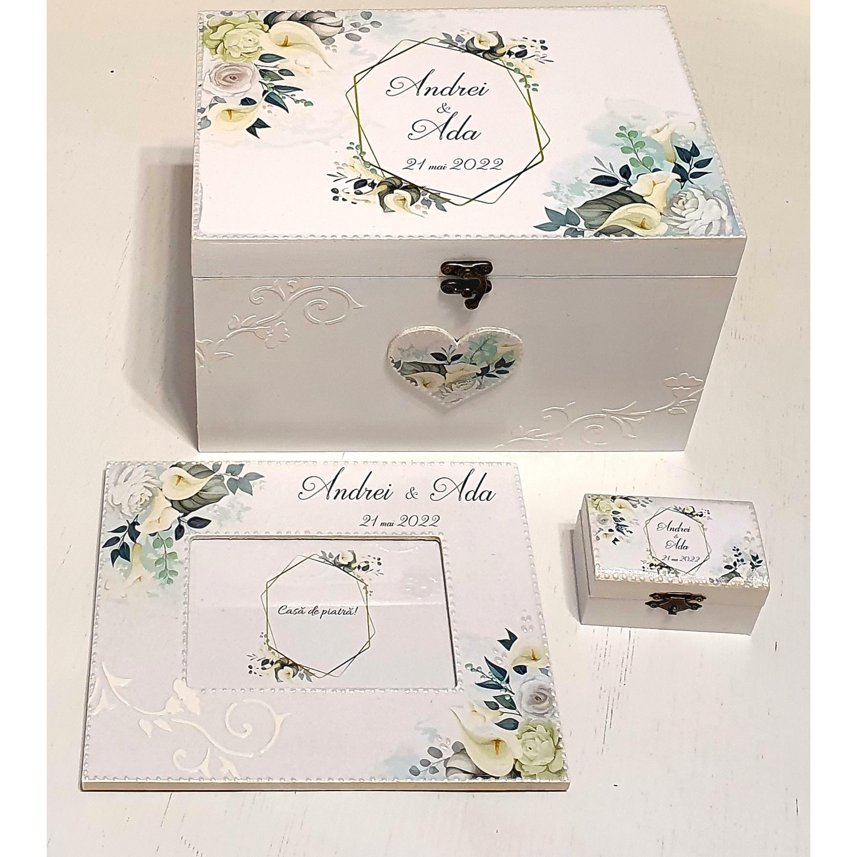 Set personalizat nunta, trusou mireasa, handmade, format din cufar lemn ...