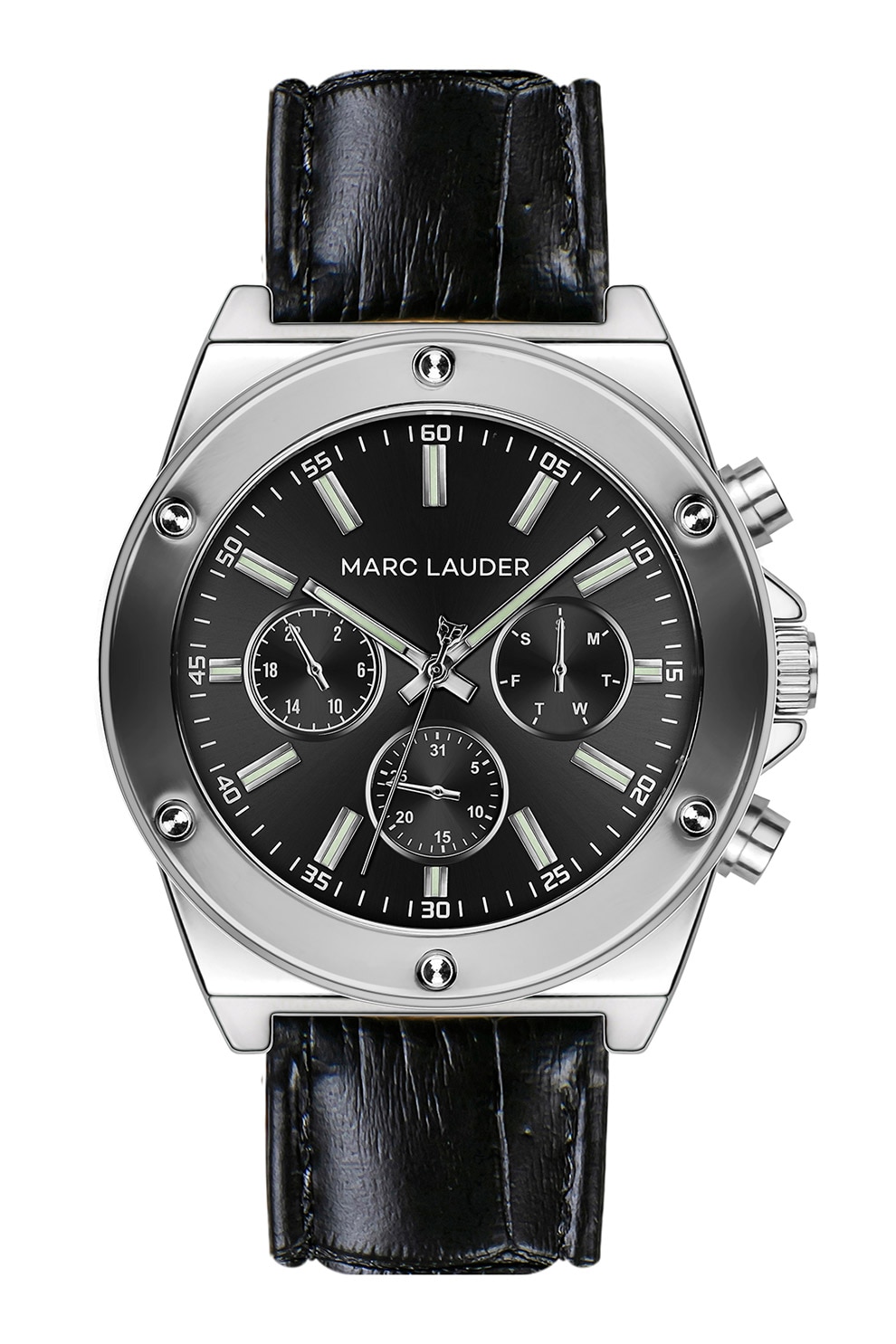 Marc Lauder, Мултифункционален часовник с релефна кожена каишка, Черен ...