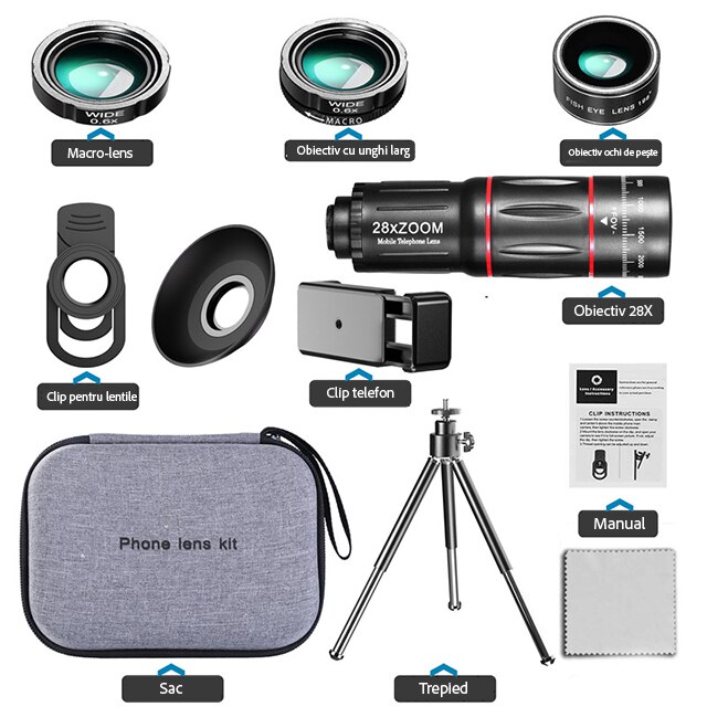 Set lentile profesionale 4 in 1 QUALBRAND®, pentru telefon si tableta ...