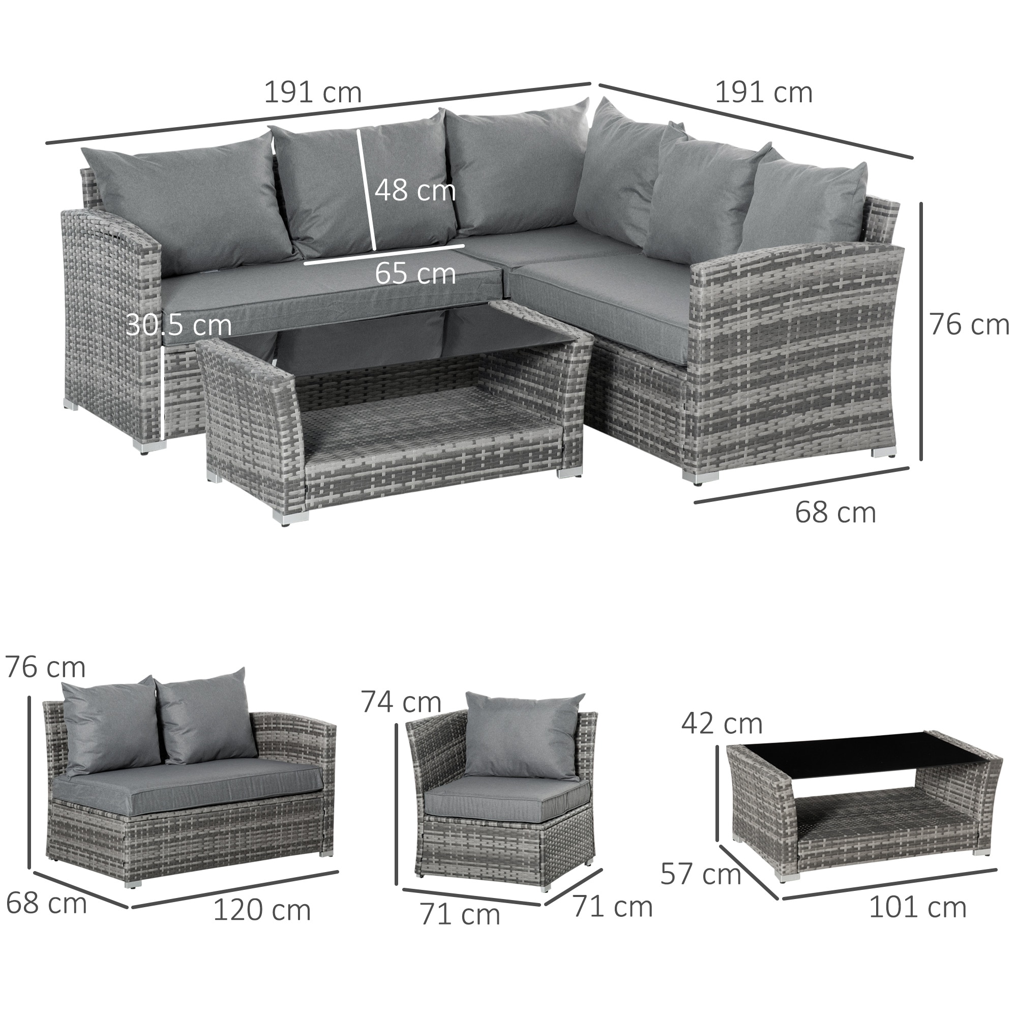 Set mobilier gradina, Outsunny, 4 Piese, Ratan/Metal/Poliester, Gri ...