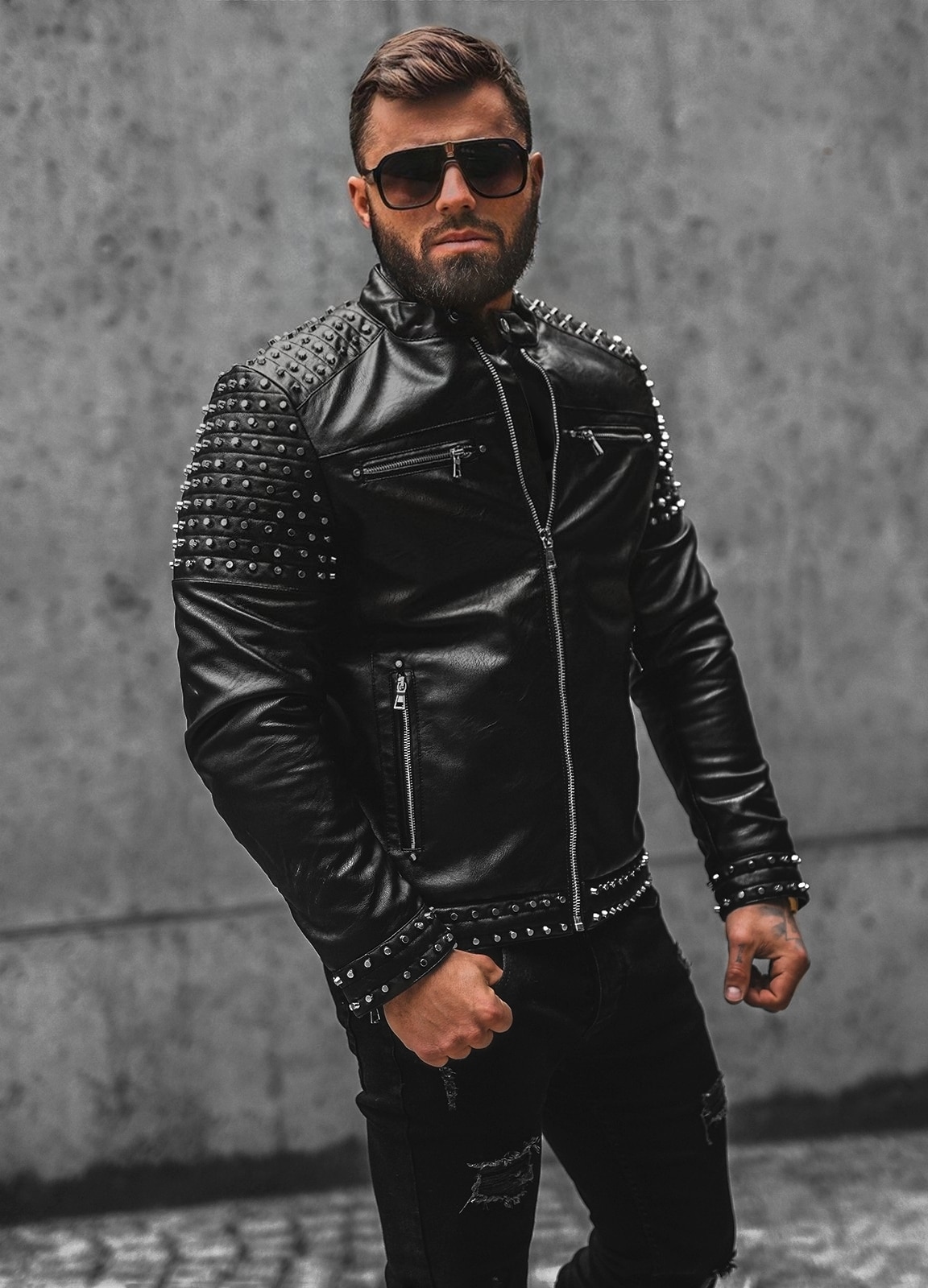 Geaca de piele barbati neagra OZONEE JS/11Z8007 - eMAG.ro