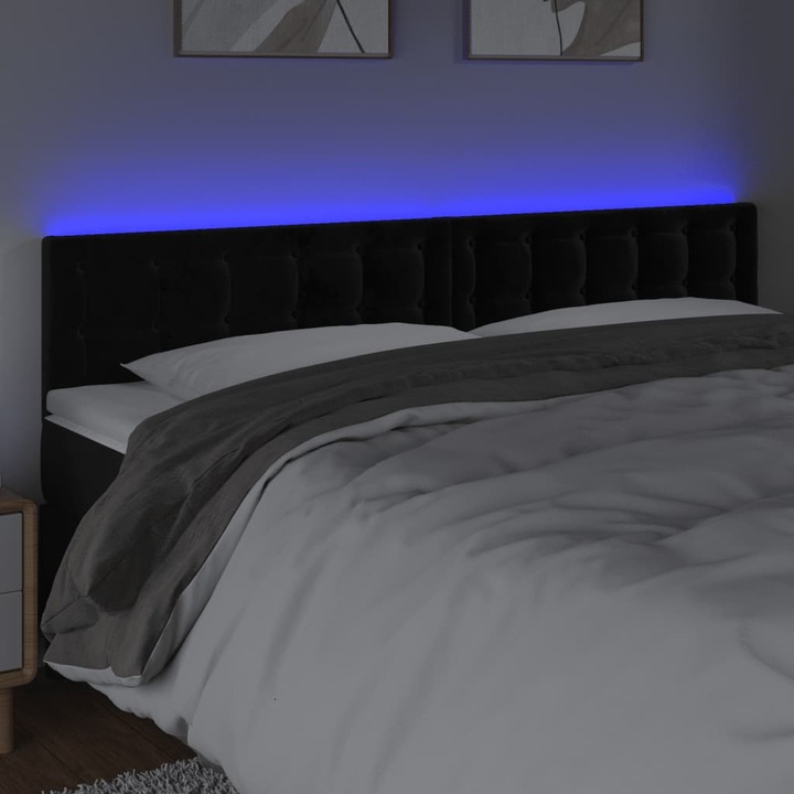 LED горна табла за легло vidaXL, Черна, 160x5x78/88 см, Κадифе, 8.63 Kg ...