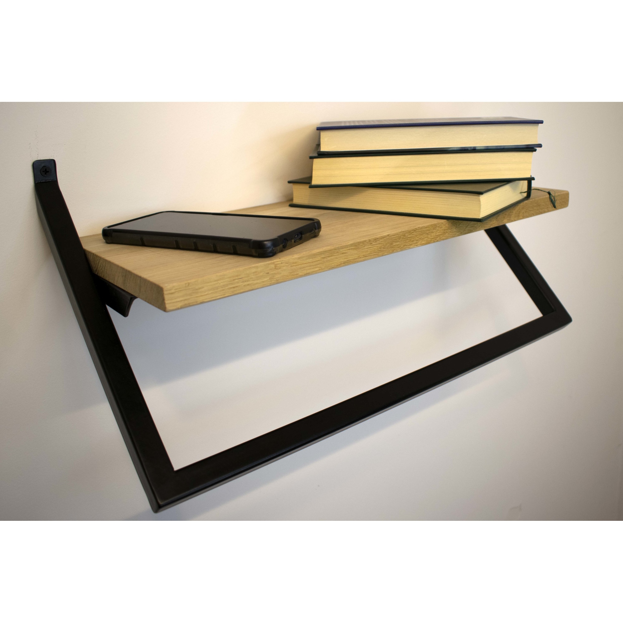 Raft metalic simplu cu polita din lemn masiv, 50x20x24 cm, Negru/Stejar ...