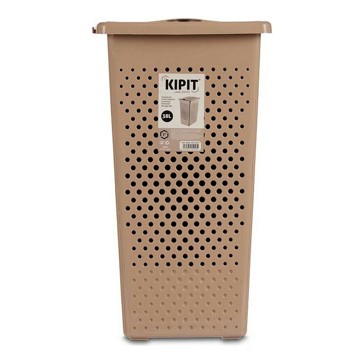 Кош за пране Kipit, Бежов, Пластмаса, С капак, 38 Литра, 27 x 49,5 x 38 ...