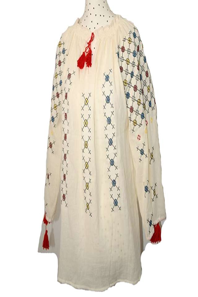 Ie populara dama model Tricolor, marimea L INTL, bumbac alb, brodata ...